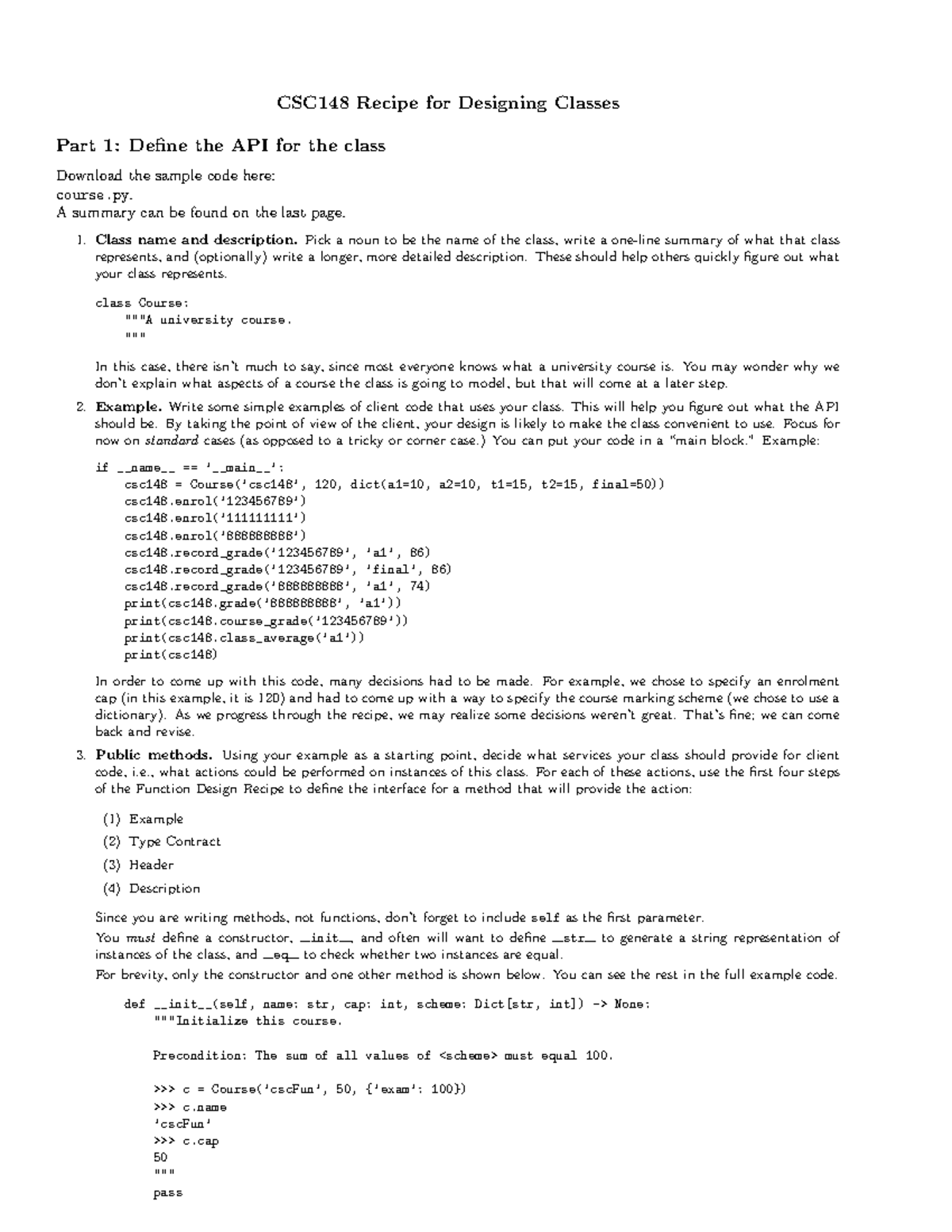 Class design recipe - Test - CSC148 Recipe for Designing Classes Part 1 ...