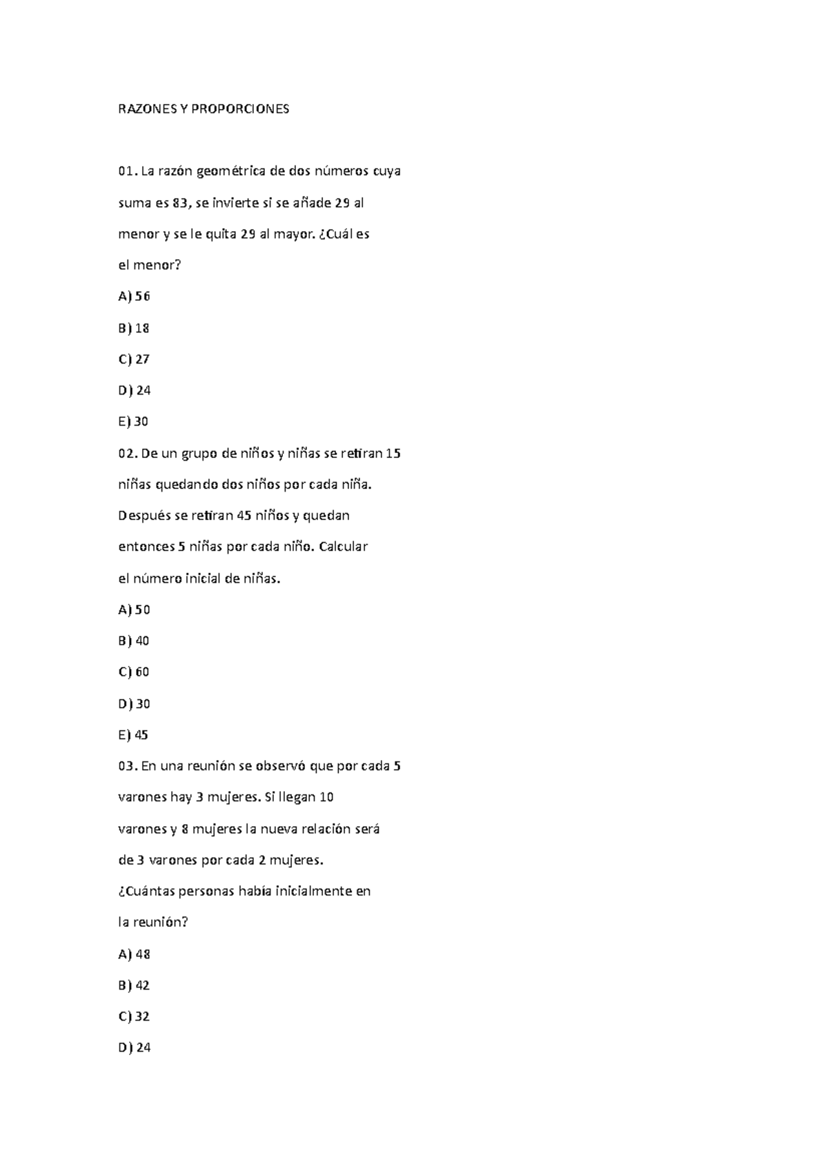 Razones Y Proporciones - RAZONES Y PROPORCIONES La razón geométrica de ...