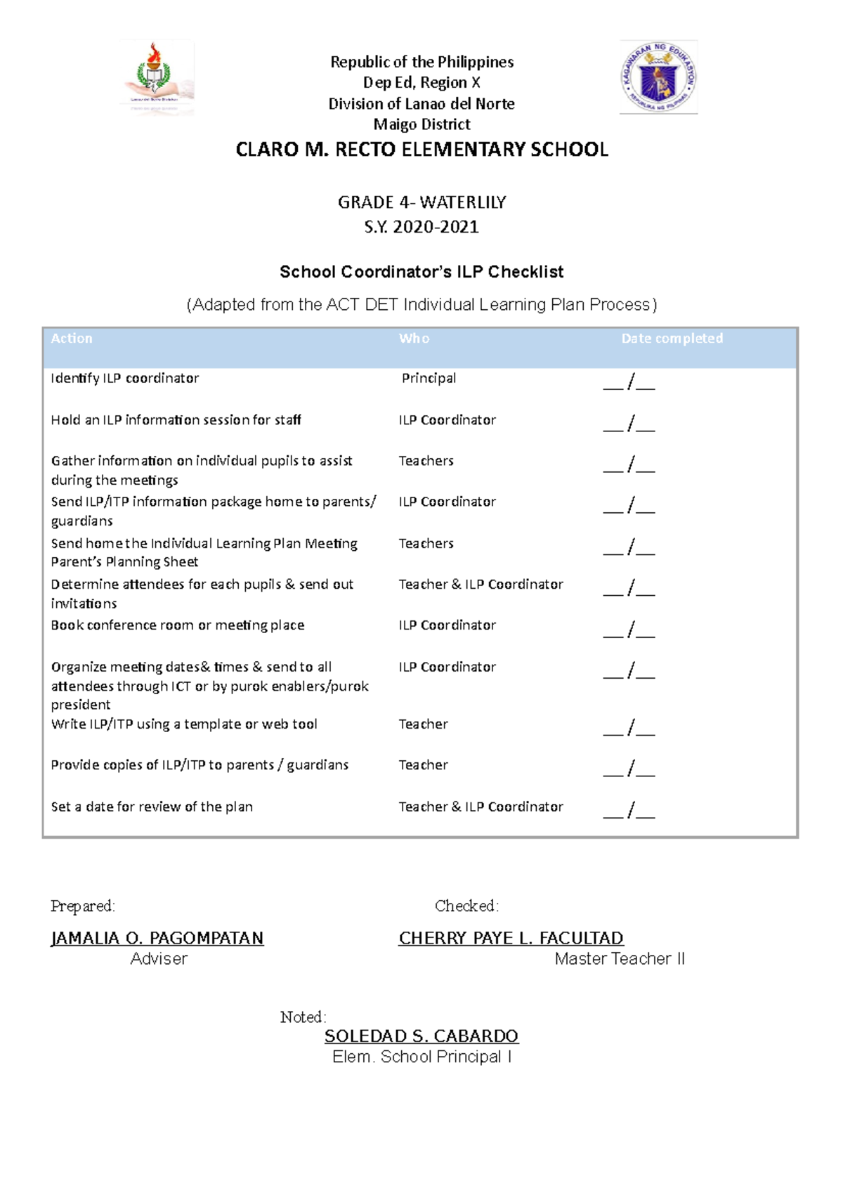 School ILP Checklist - Republic of the Philippines Dep Ed, Region X ...