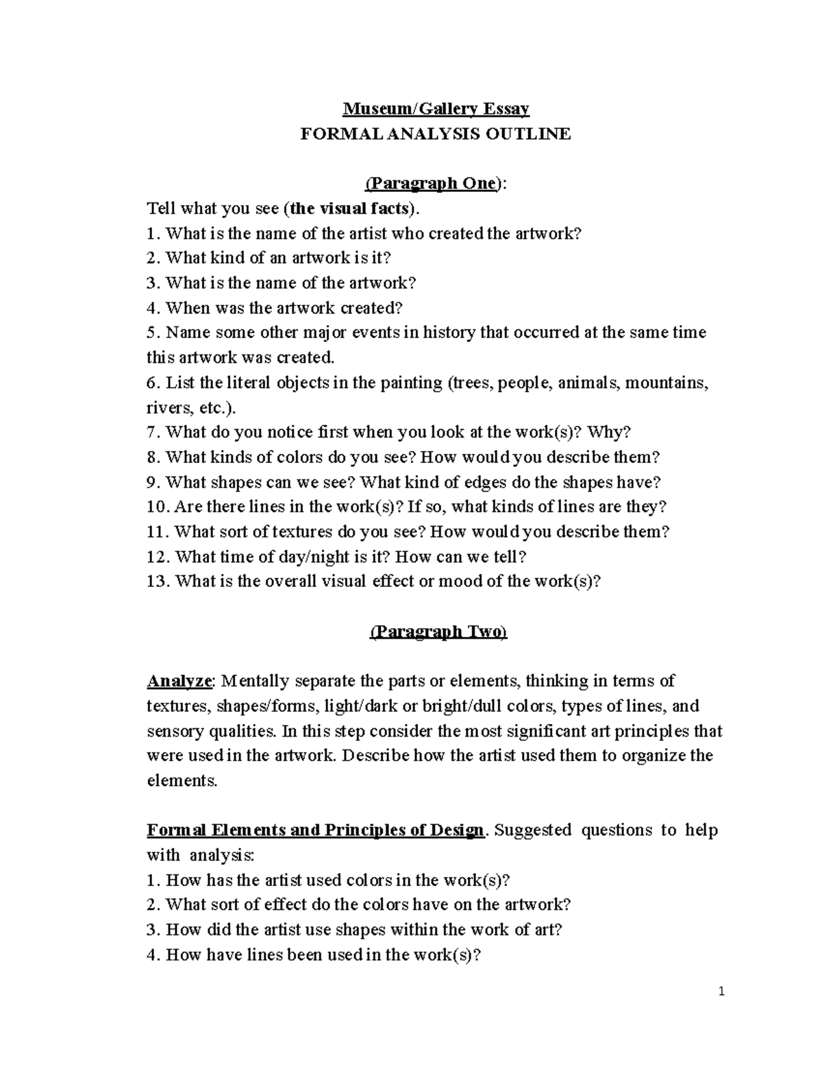 Museum Gallery Essay Analysis Outline - Museum/Gallery Essay FORMAL ...