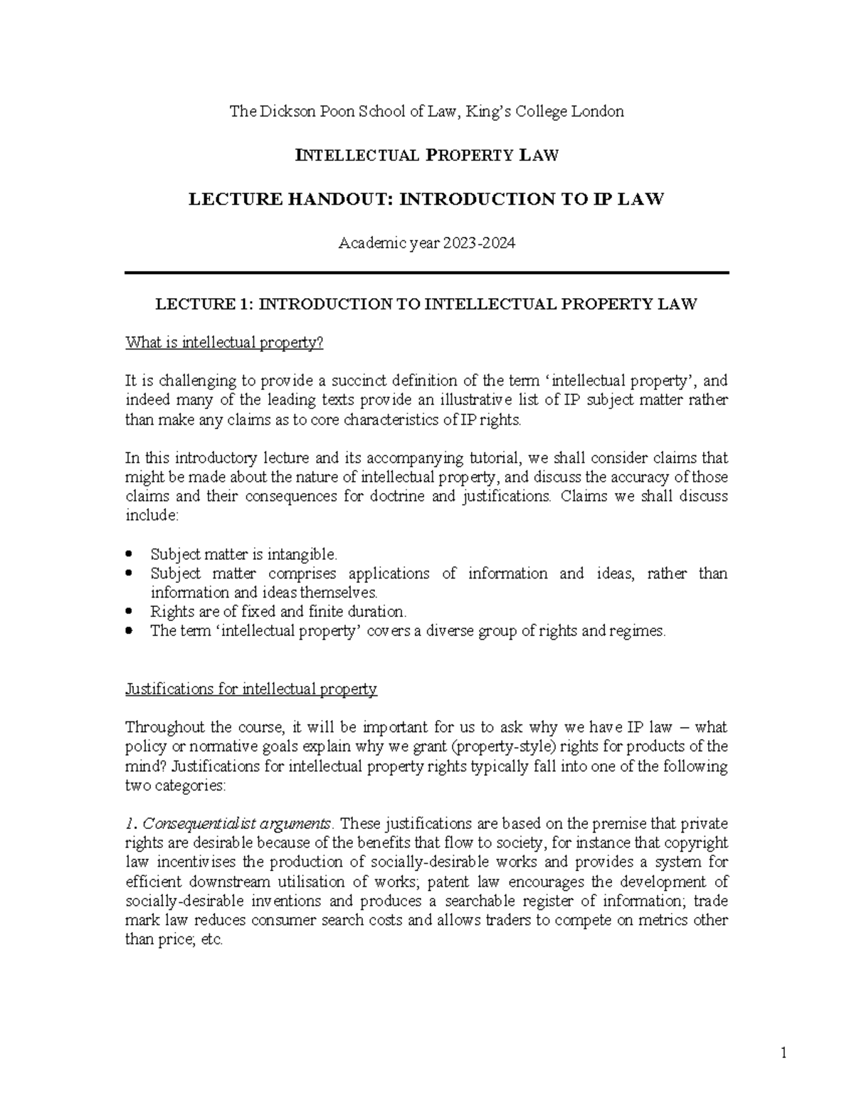 IPL Lecture handout Intro to IP 202324 - Tagged - The Dickson Poon School of Law, King’s College ...