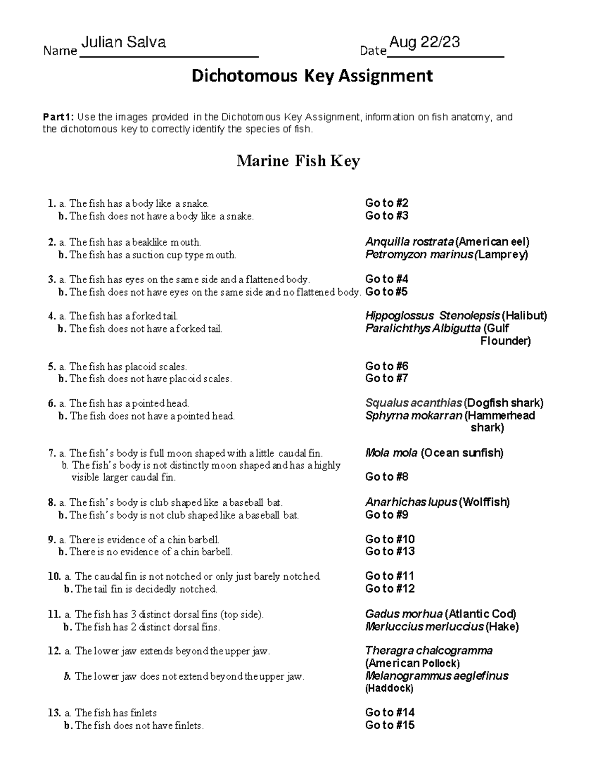 Dichotomous+Key+Assignment - Marine Fish Key 1. a. The fish has a body ...