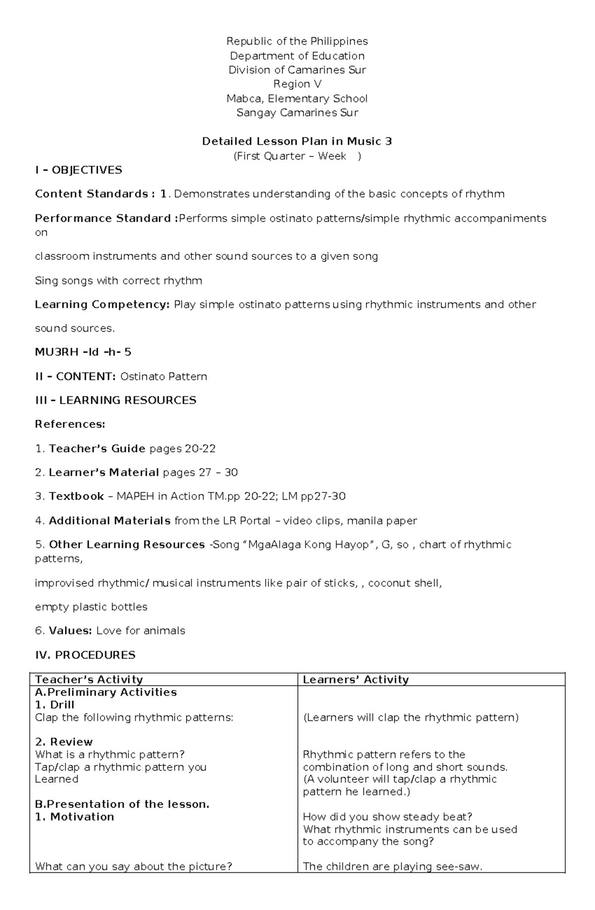 Detailed Lesson PLAN IN Music 3 - Republic of the Philippines ...