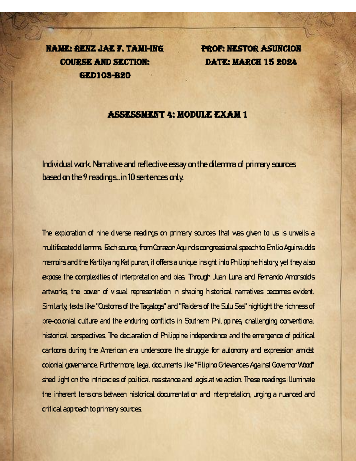 Module Exam 1- Module 1 GED103-B20 - Name: ReNz Jae F. Tami-iNg CouRse ...