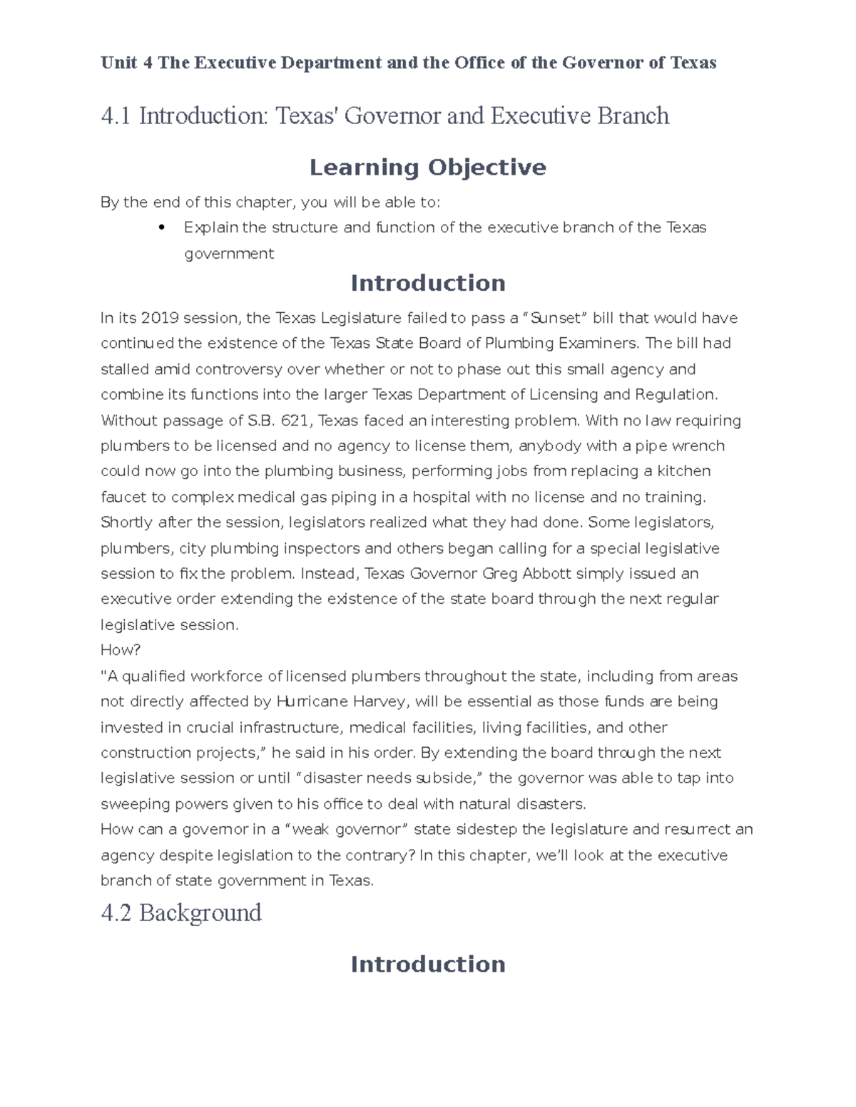 Unit 4 The Executive Department and the Office of the Governor of Texas ...