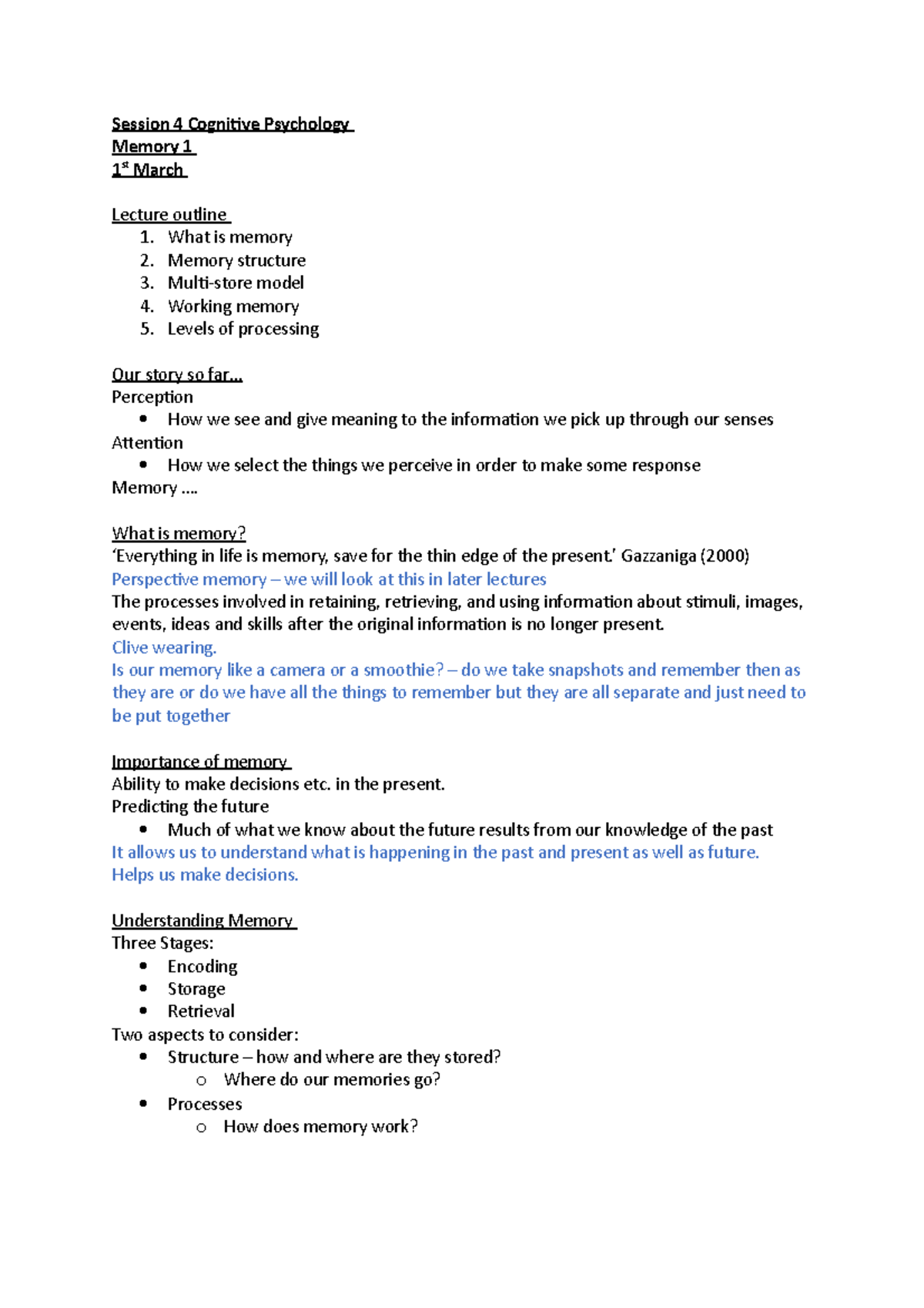 Session 4 Cognitive Psychology - Session 4 Cognitive Psychology Memory ...