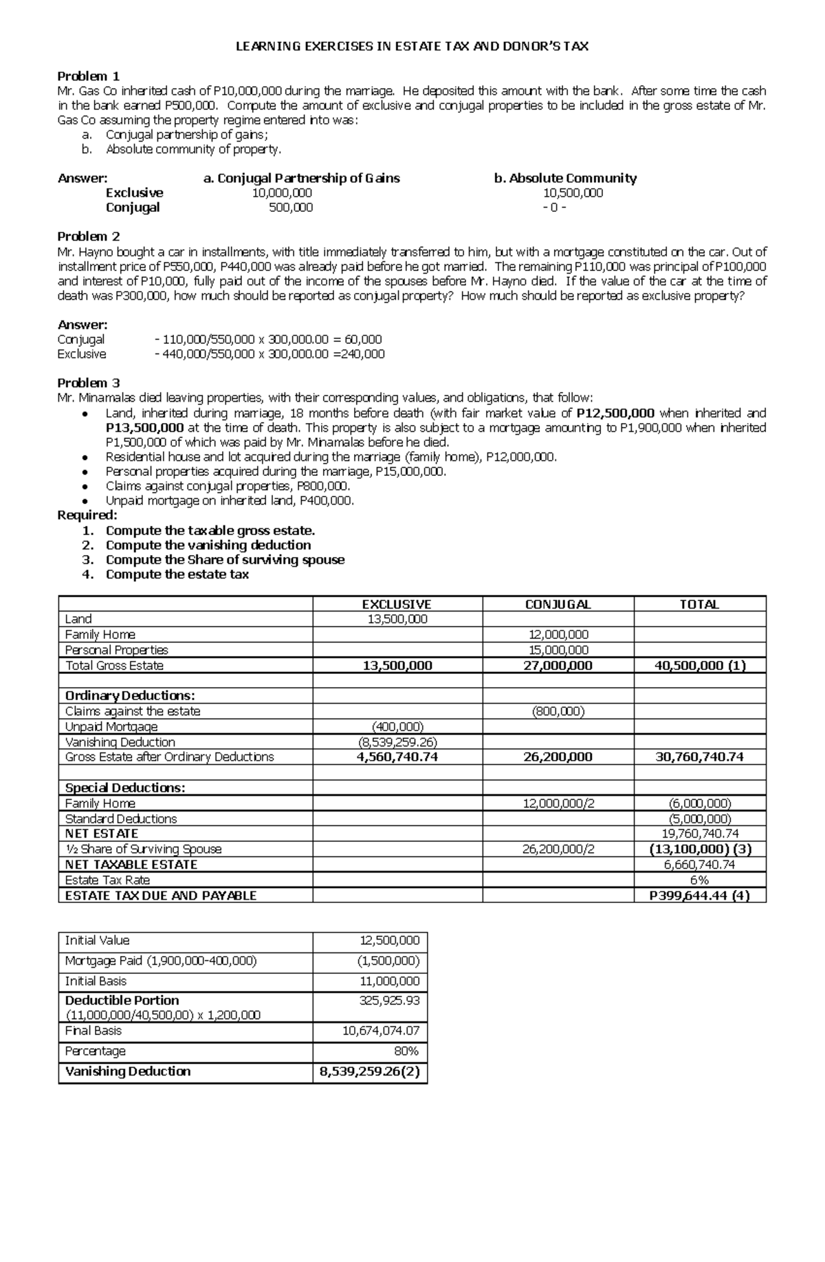 Activity Estate Tax answers - LEARNING EXERCISES IN ESTATE TAX AND ...