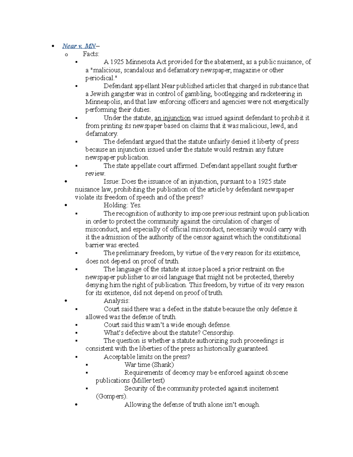Near v NM Case brief - Near v. MN – o Facts: A 1925 Minnesota Act ...