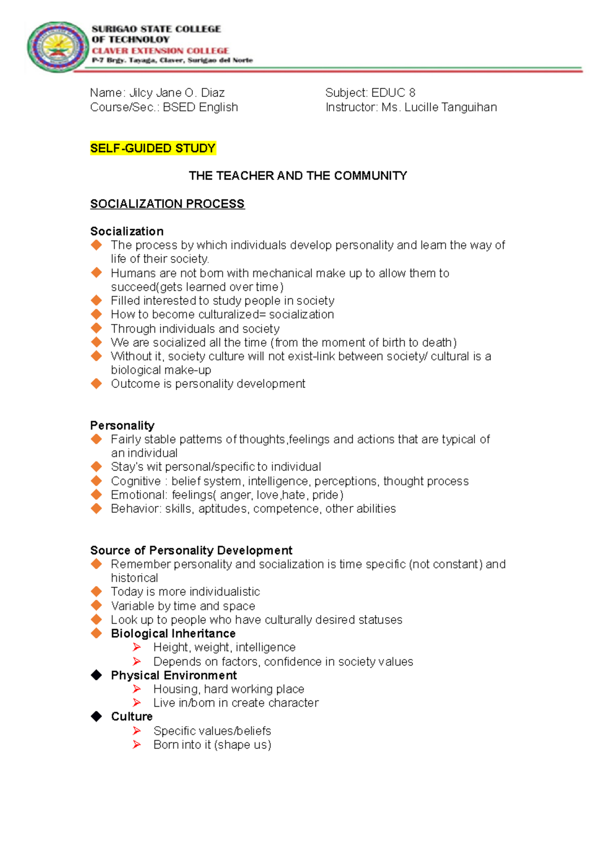 Learning Activity EDUC 8 Jilcy JANE O. DIAZ BSED- English 3A - Name ...