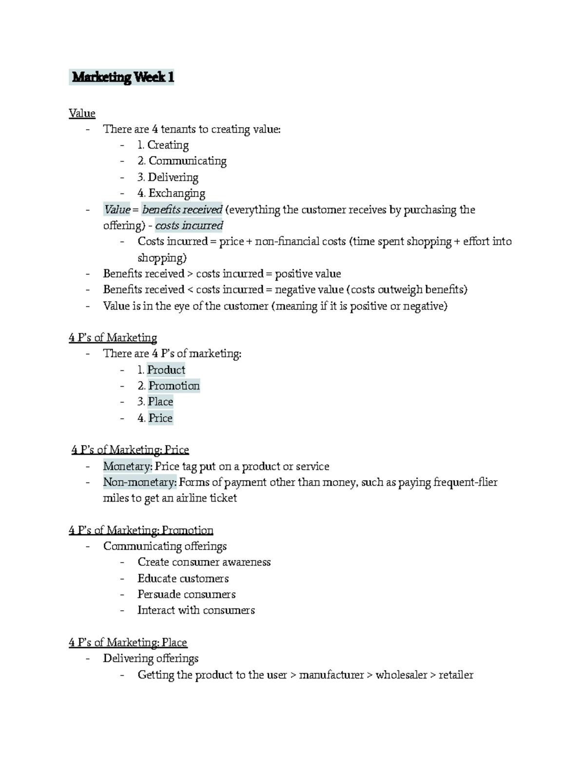 MKT Week 1 - Marketing lec 1 notes - Marketing Week 1 Value - There are ...