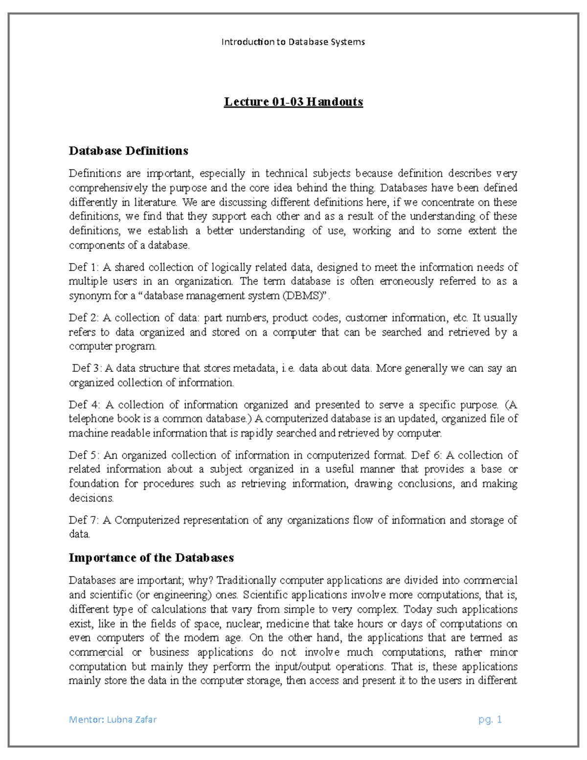 Lecture 01 03 Notes This Is About Database Lecture 01 03 Handouts