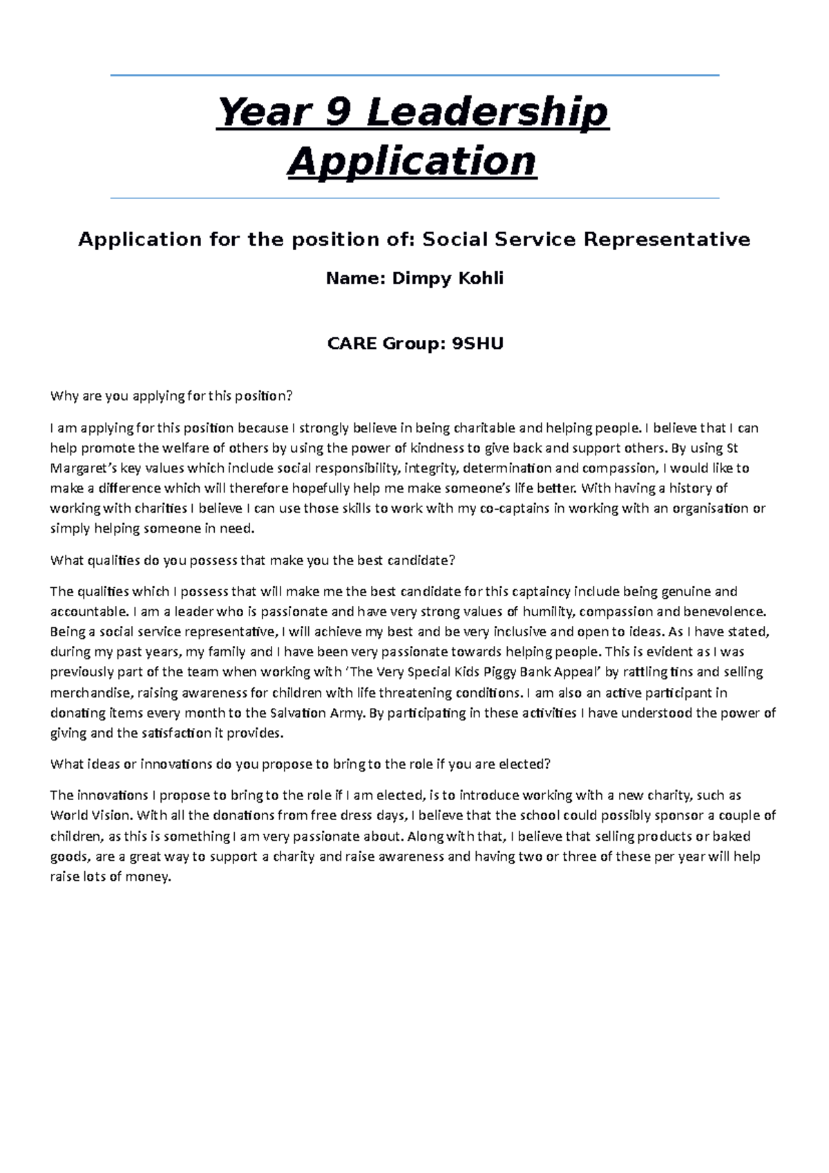Year 9 Leadership Application Social Service - Year 9 Leadership ...