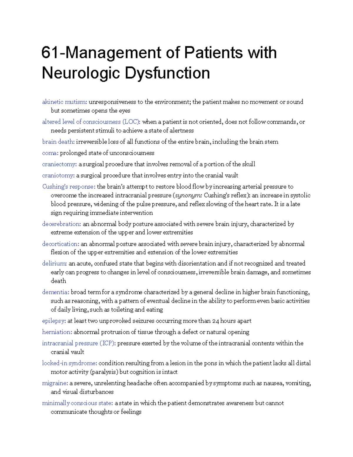 MS 61 study guide - 61-Management of Patients with Neurologic Dysfunction akinetic mutism: - Studocu