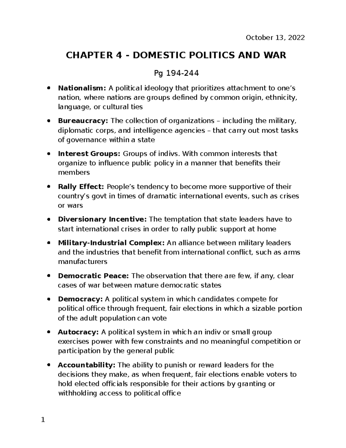 Chap4Notes Poli1103 - poli 1103 - October 13, 2022 CHAPTER 4 - DOMESTIC ...
