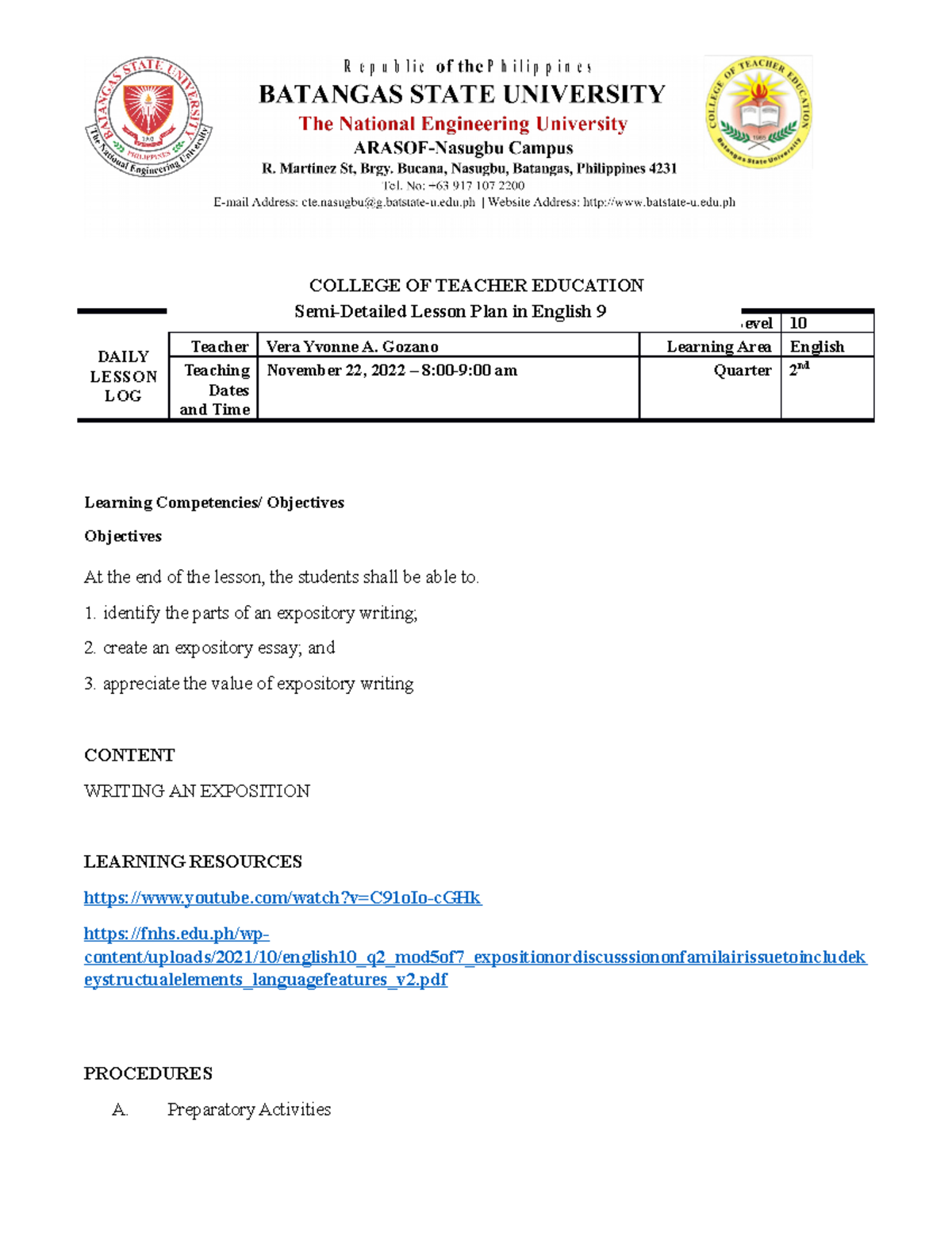 Lesson PLAN IN Writing AN Exposition - COLLEGE OF TEACHER EDUCATION ...