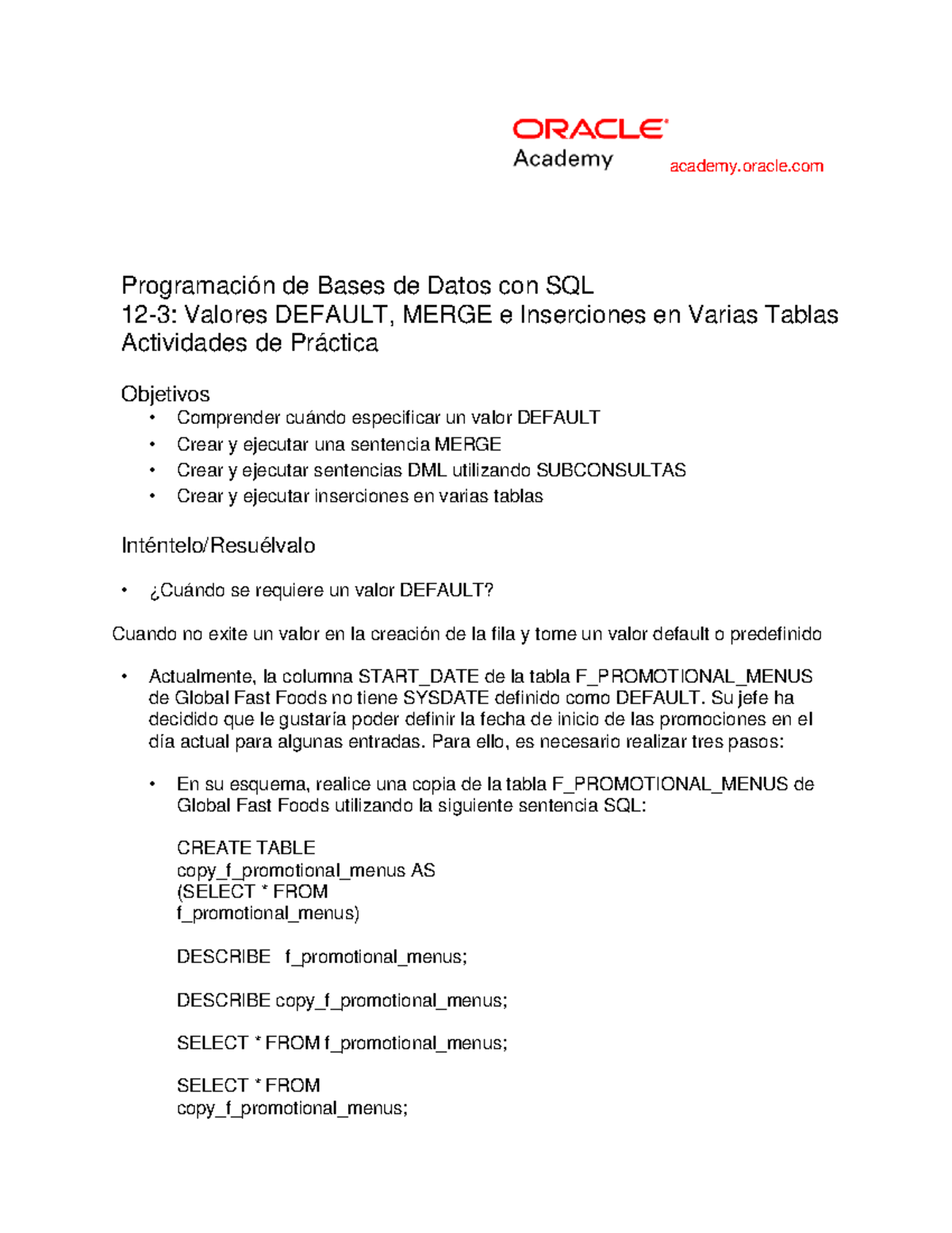 DP 12 3 Practice esp - academy.oracle Programación de Bases de Datos con SQL 12 - 3: Valores ...