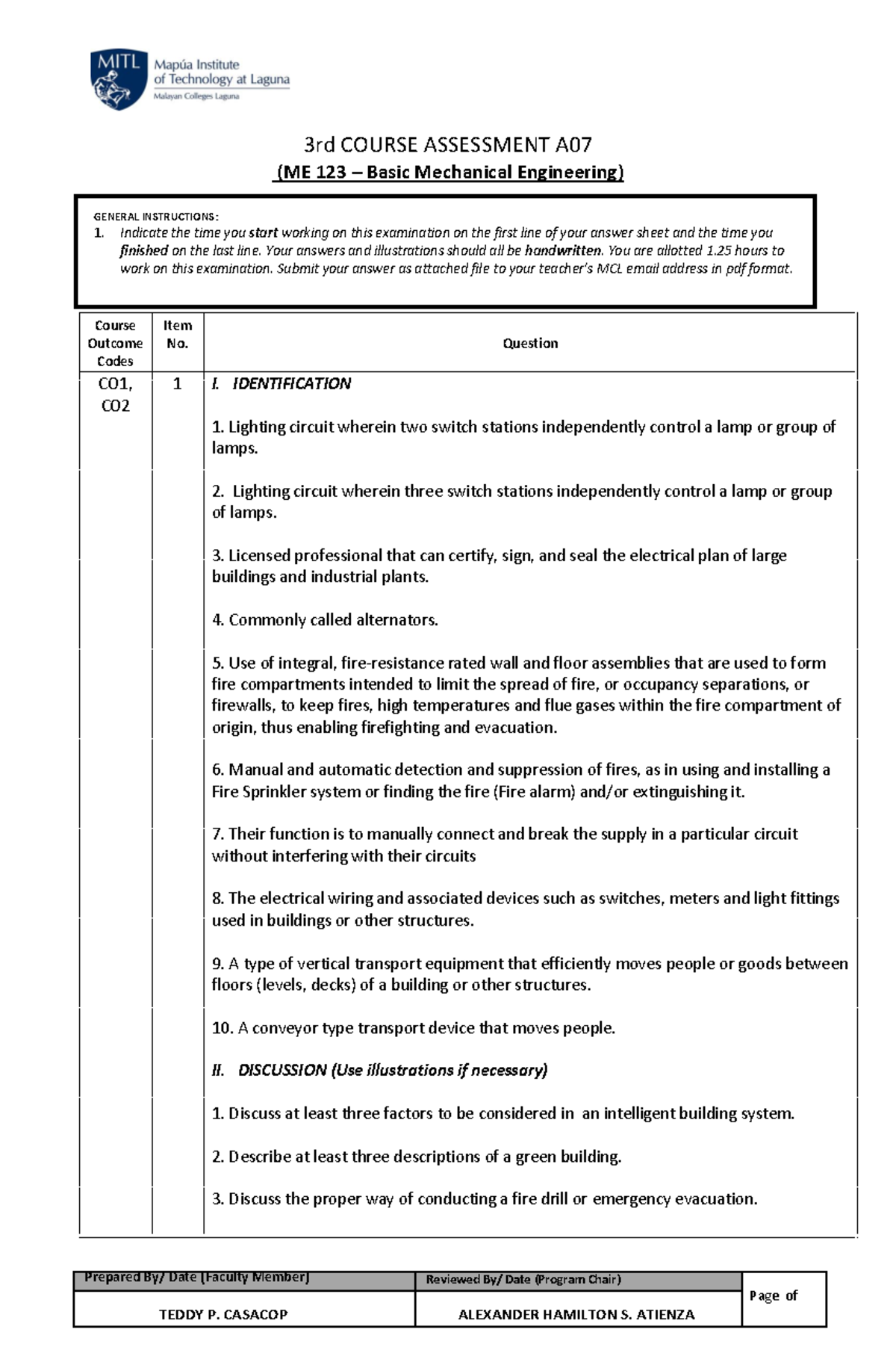 ME 123 Final EXAM A07 - Prepared By/ Date (Faculty Member) Reviewed By ...