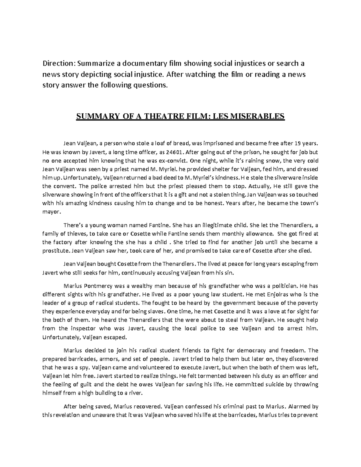 Social Injustice Activity - Direction: Summarize a documentary film ...