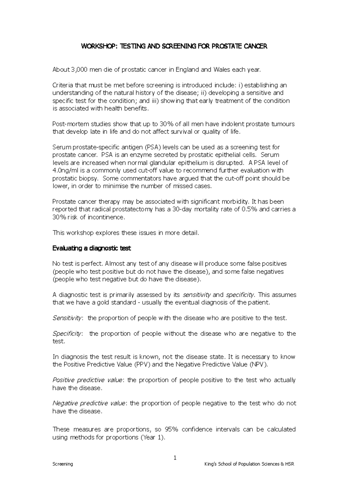 Tests Screening Worksheet 2020-21 - WORKSHOP: TESTING AND SCREENING FOR ...