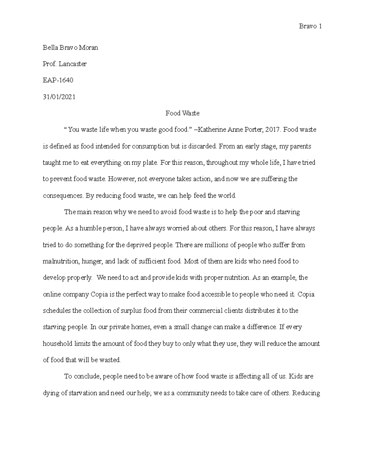 Food Waste Journal - Bravo 1 Bella Bravo Moran Prof. Lancaster EAP- 31 ...