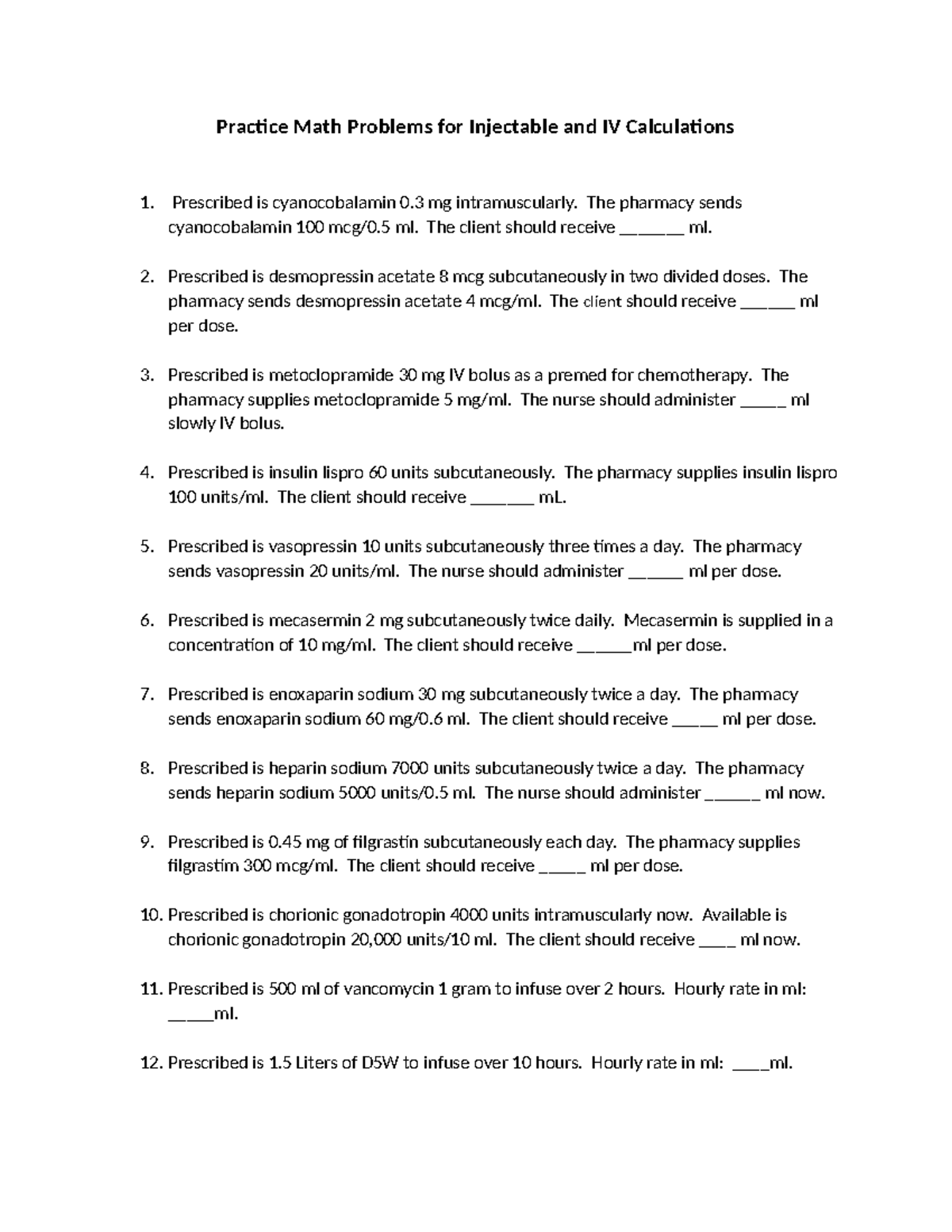 Practice Math WK 5 - Math for Meds - Practice Math Problems for ...