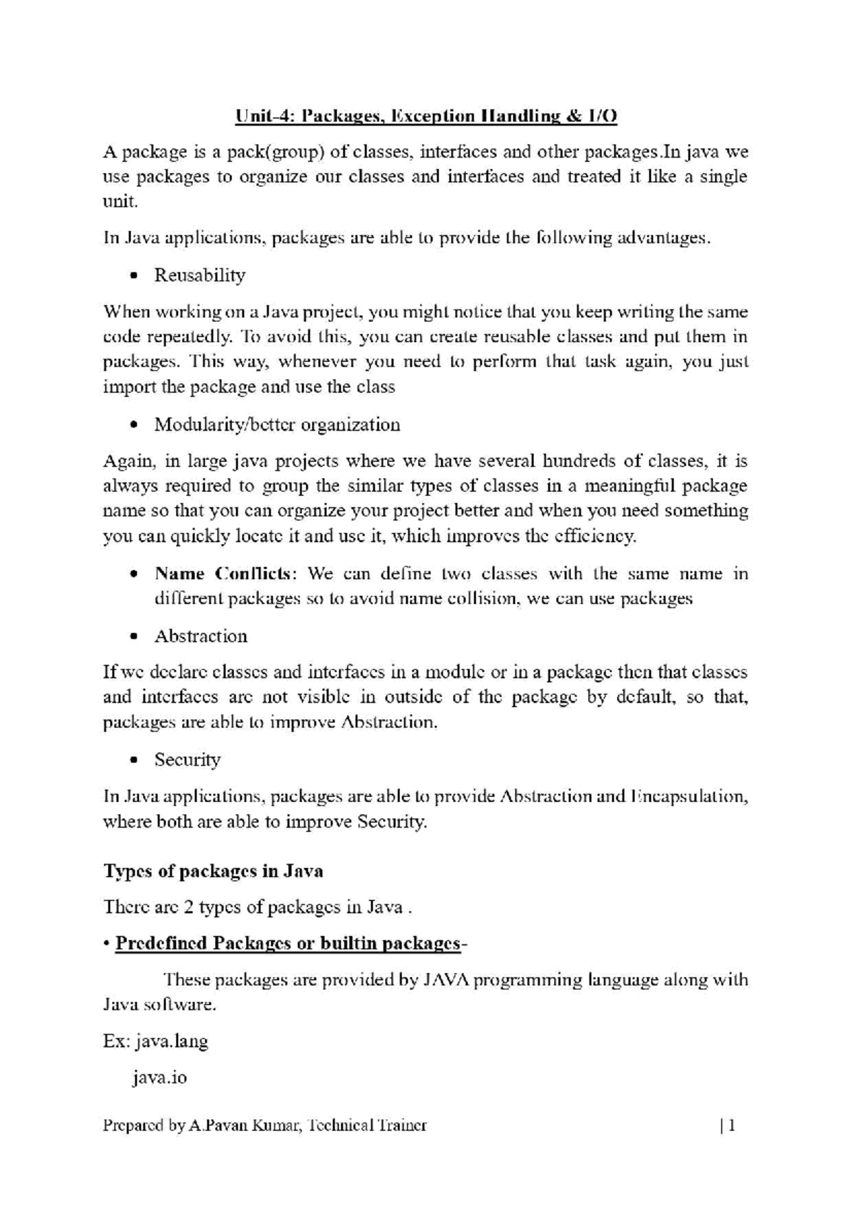 Unit4 Java Notes O Java Io Exception Handling Packages Exception Handling A Package Is A