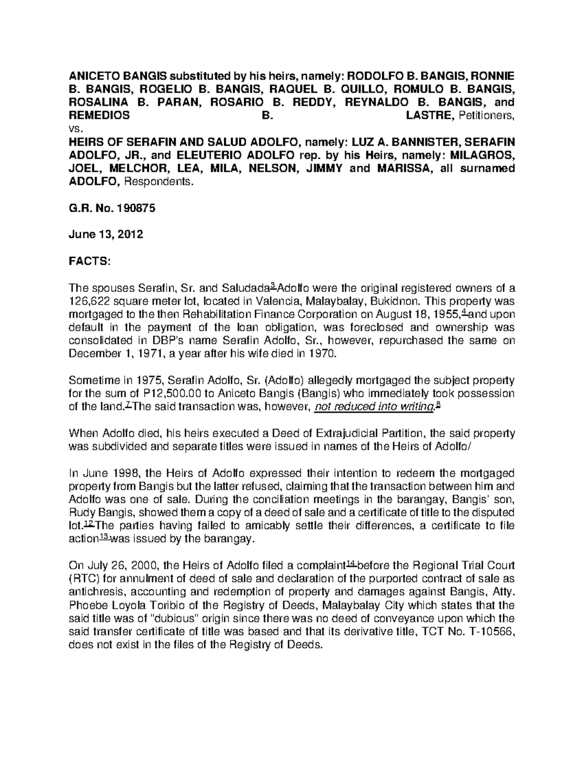 Tomawis (Bangis v. Heirs of Adolfo) - ANICETO BANGIS substituted by his ...