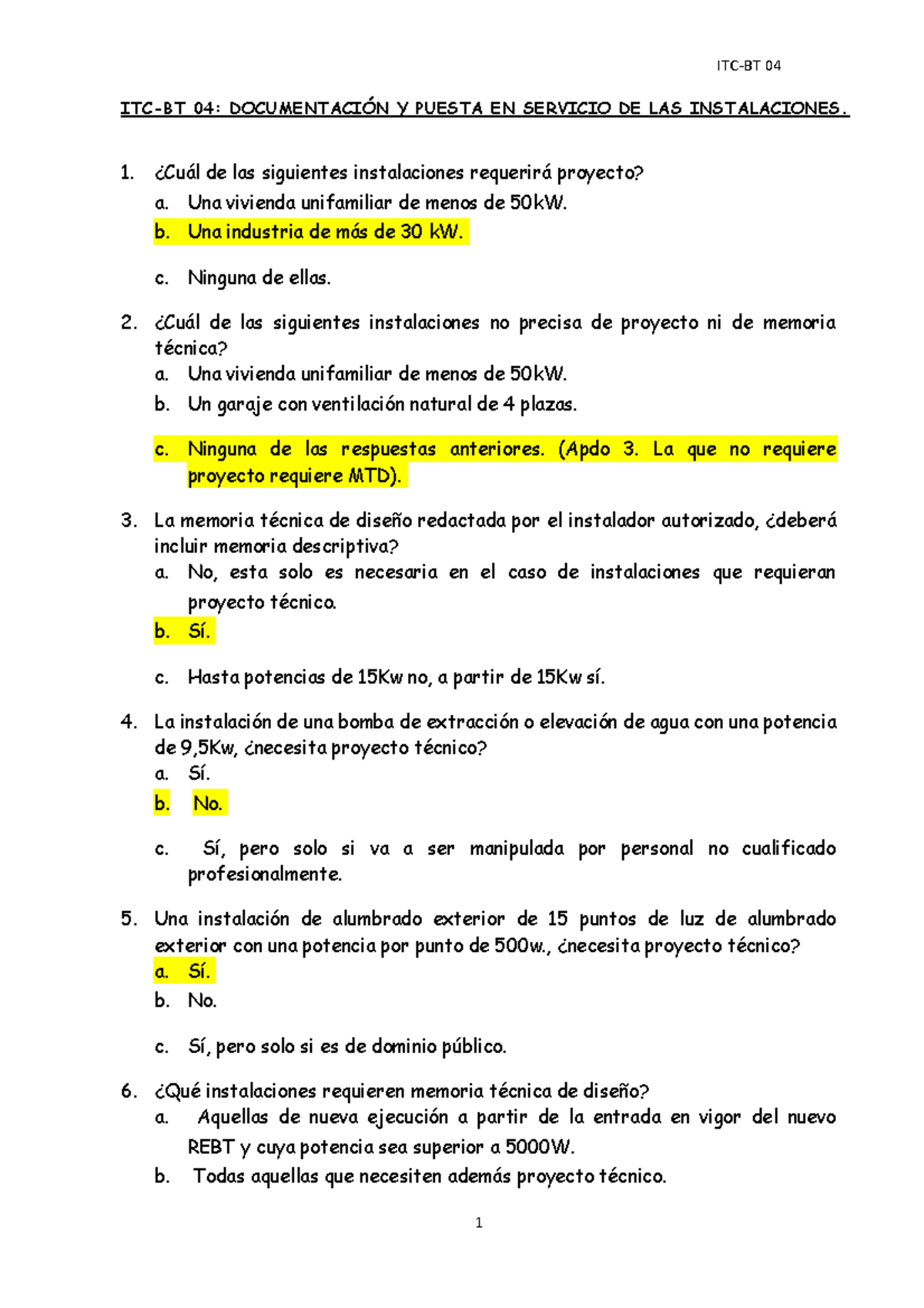 Test ITC 04 - Preguntas sobre la instrucción técnica 04 - ITC-BT 04 ITC ...
