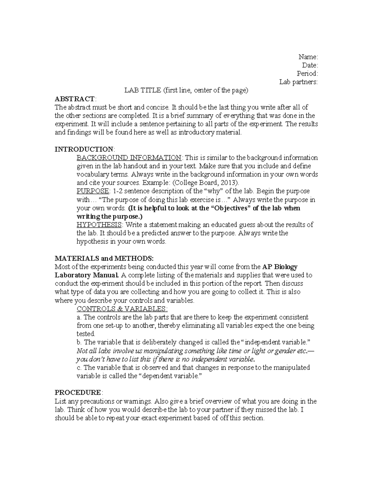How To Write an AP Lab Report Dean (1) - Name: Date: Period: Lab ...