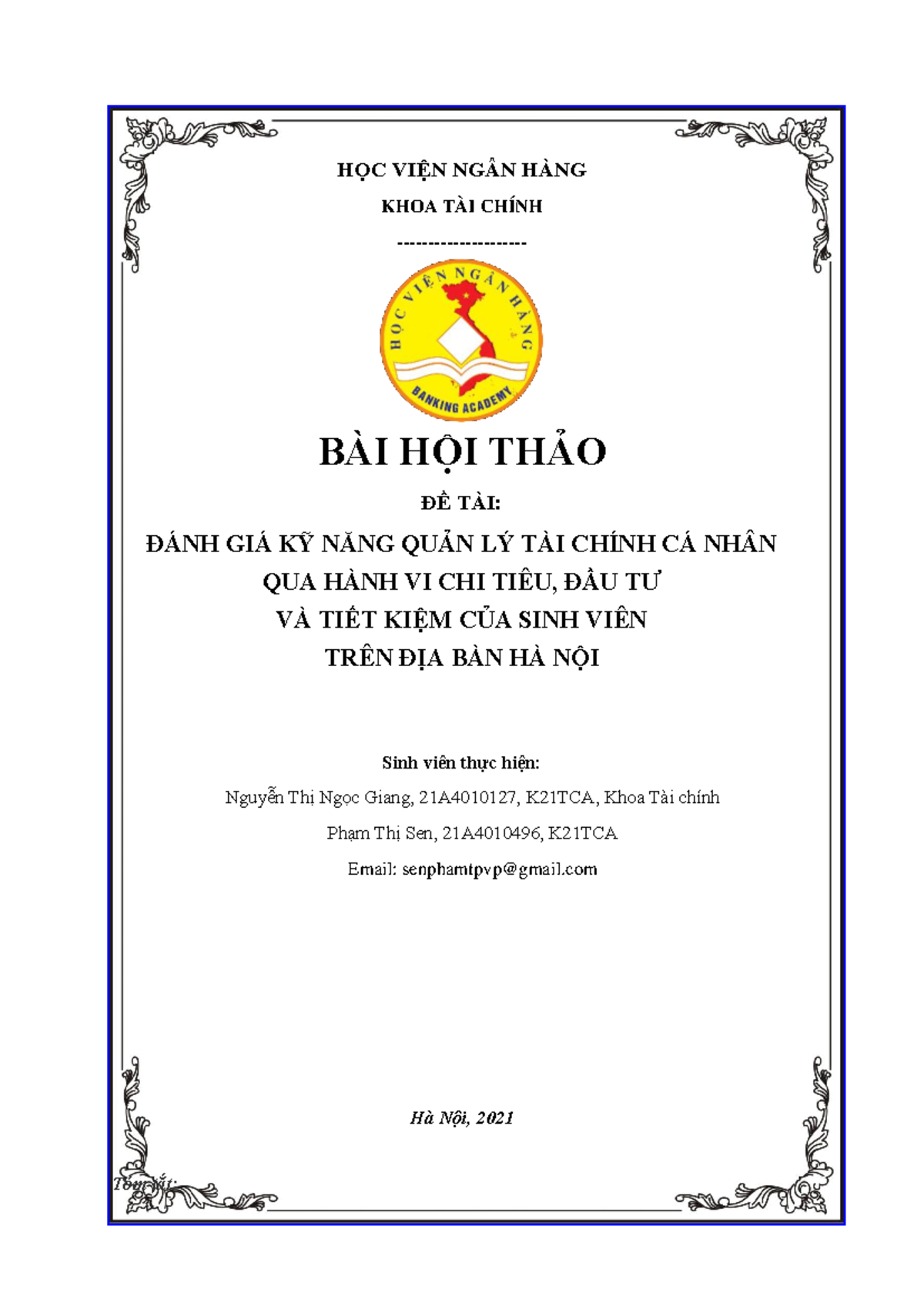 Hội thảo NCKH1 - nghiên cứu về tài chính cá nhân - HỌC VIỆN NGÂN HÀNG KHOA TÀI CHÍNH - BÀI HỘI ...