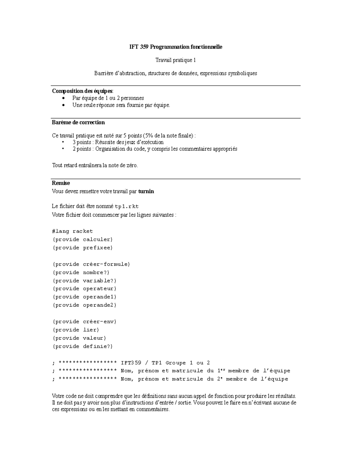 IFT359 TP1 - TP1 - IFT 359 Programmation fonctionnelle Travail pratique 1 Barrière d’abstraction ...