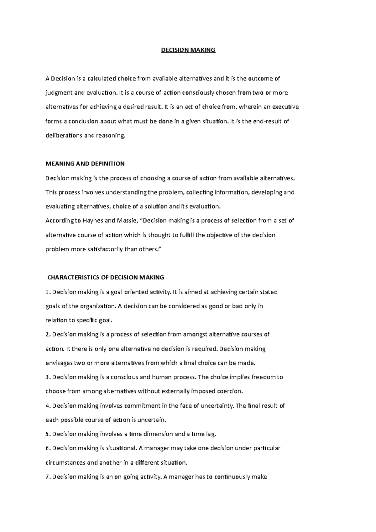 Businss 7 - Lecture notes 4 - DECISION MAKING A Decision is a ...