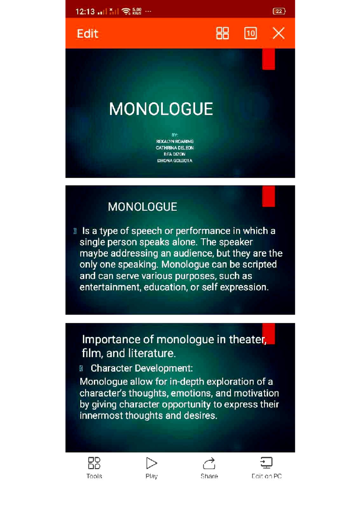 powerpoint presentation monologue - Bachelor of Secondary Education ...