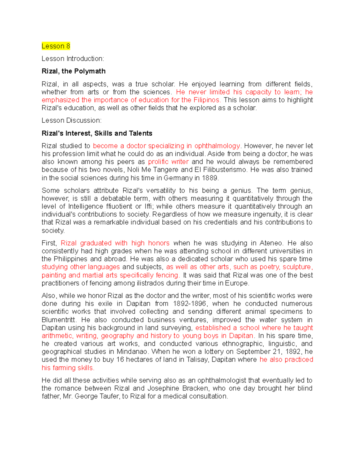 Rizal - Lesson 8: Polymath - Lesson 8 Lesson Introduction: Rizal, the ...