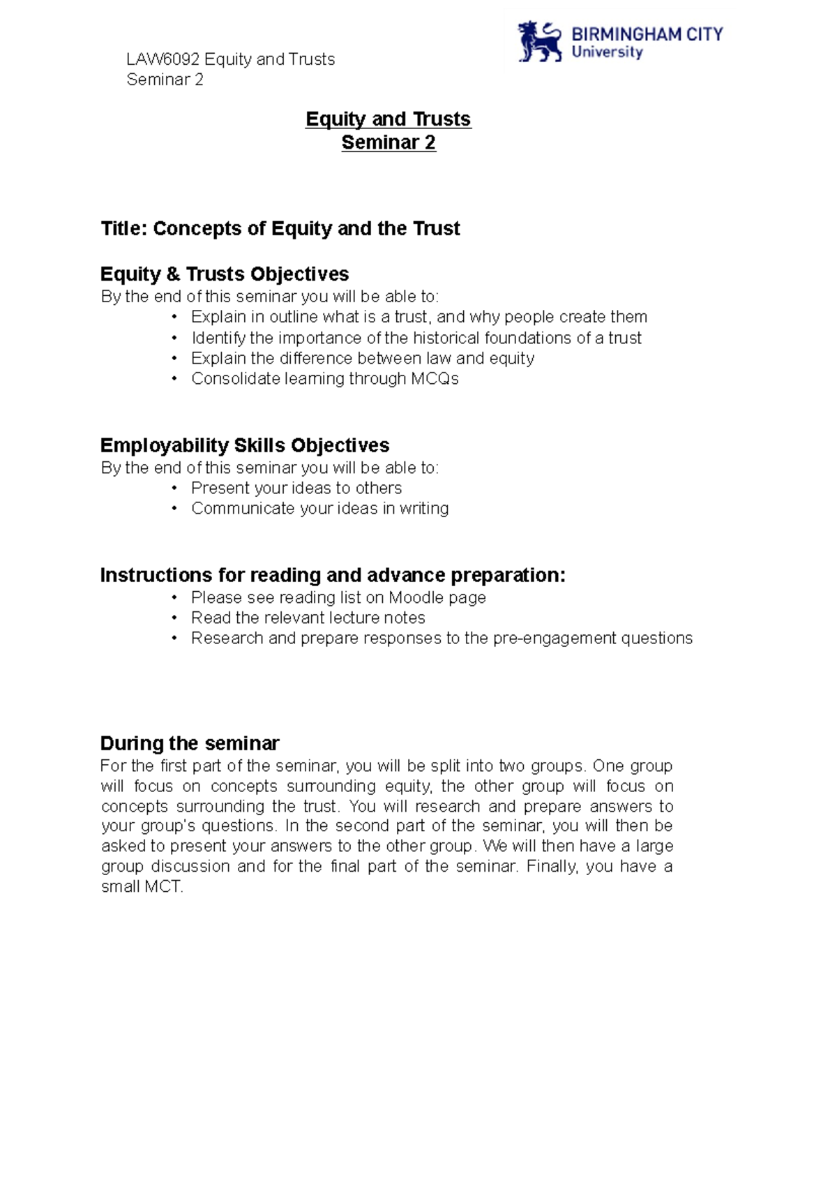 Seminar 2 - Concepts of Equity and Trusts (student copy) - Seminar 2 Equity and Trusts Seminar 2 ...