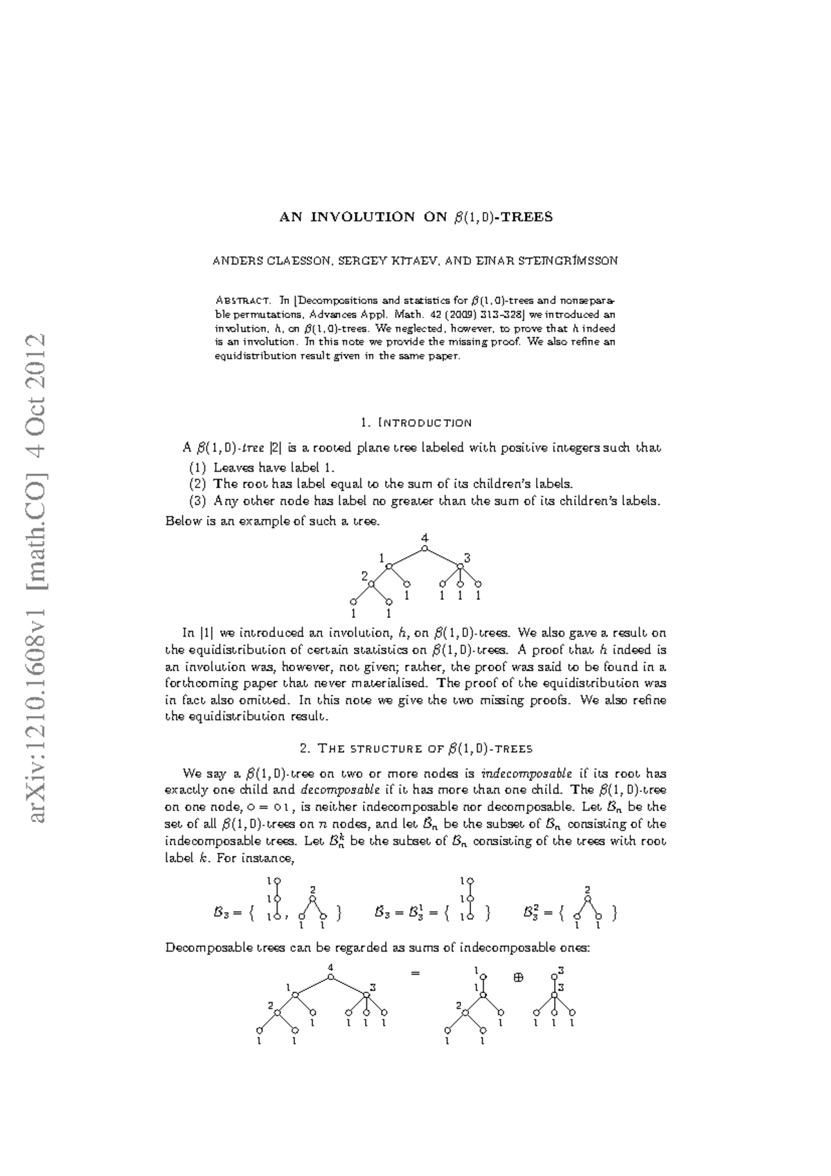 1210 - Cours - arXiv:1210 [math] 4 Oct 2012 AN INVOLUTION ON β(1, 0 ...