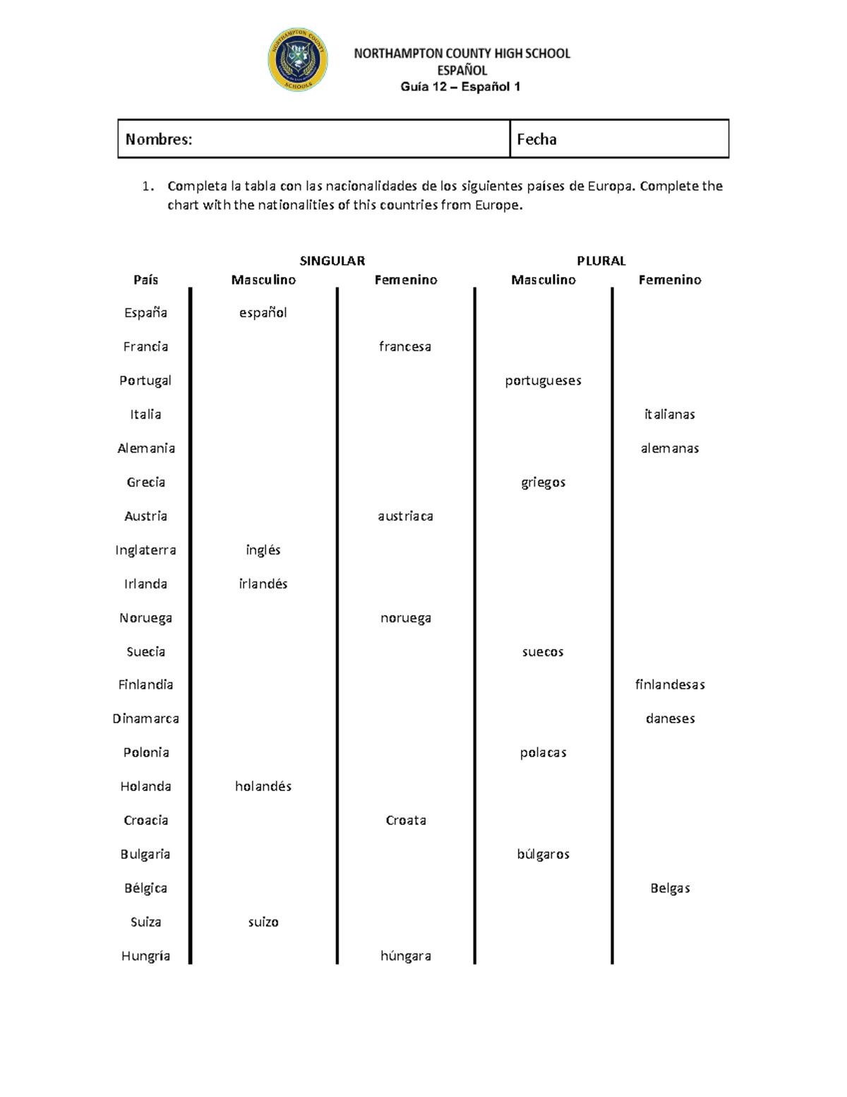 Guía 12 Español 1 - Worksheet 12 - Completa la tabla con las ...