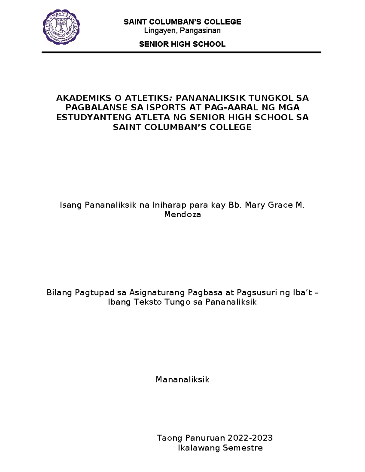 Chapter-1- Format - SAINT COLUMBAN’S COLLEGE Lingayen, Pangasinan ...