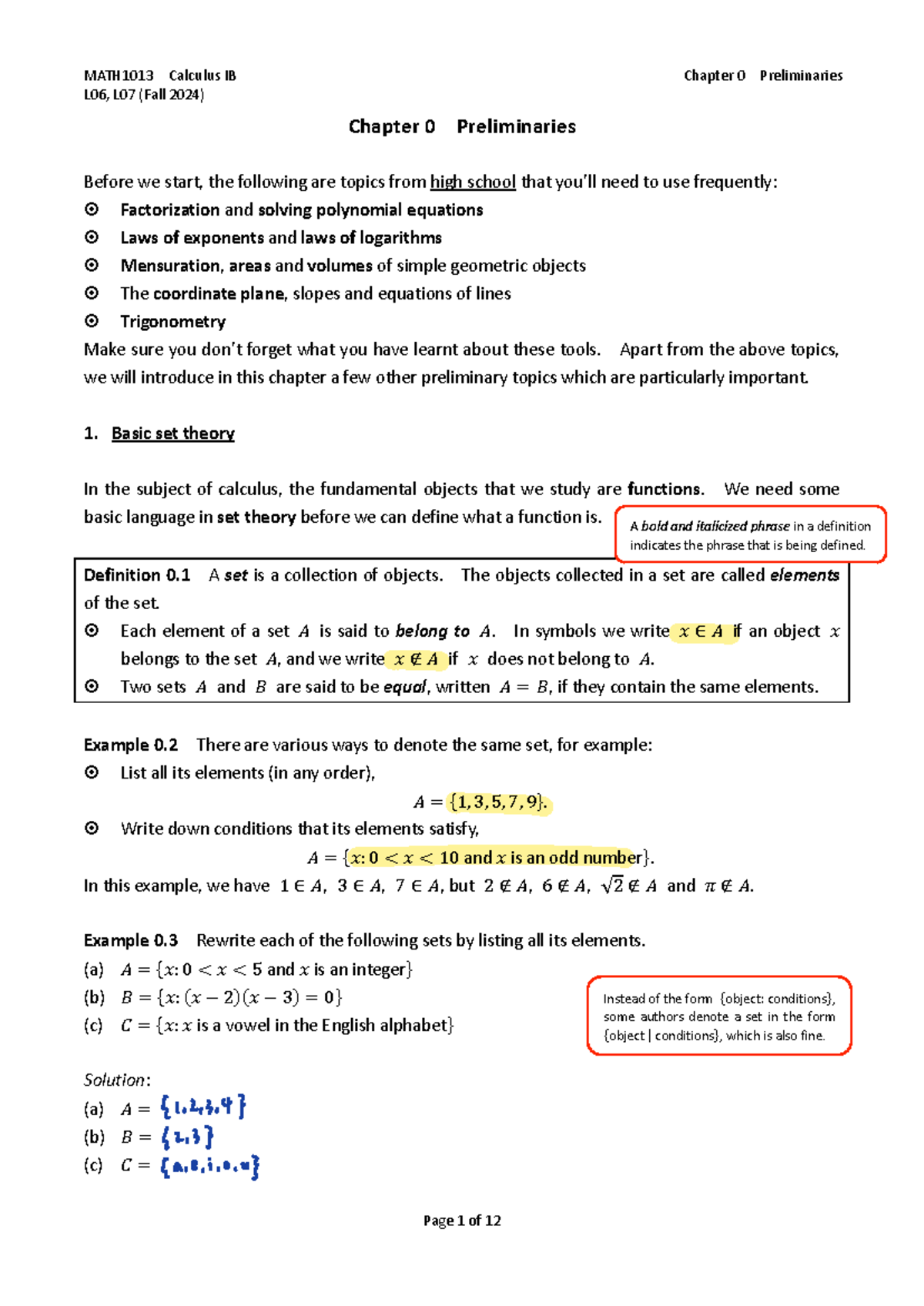MATH1013 Note0 - L06, L07 (Fall 2024) Chapter 0 Preliminaries Before we ...