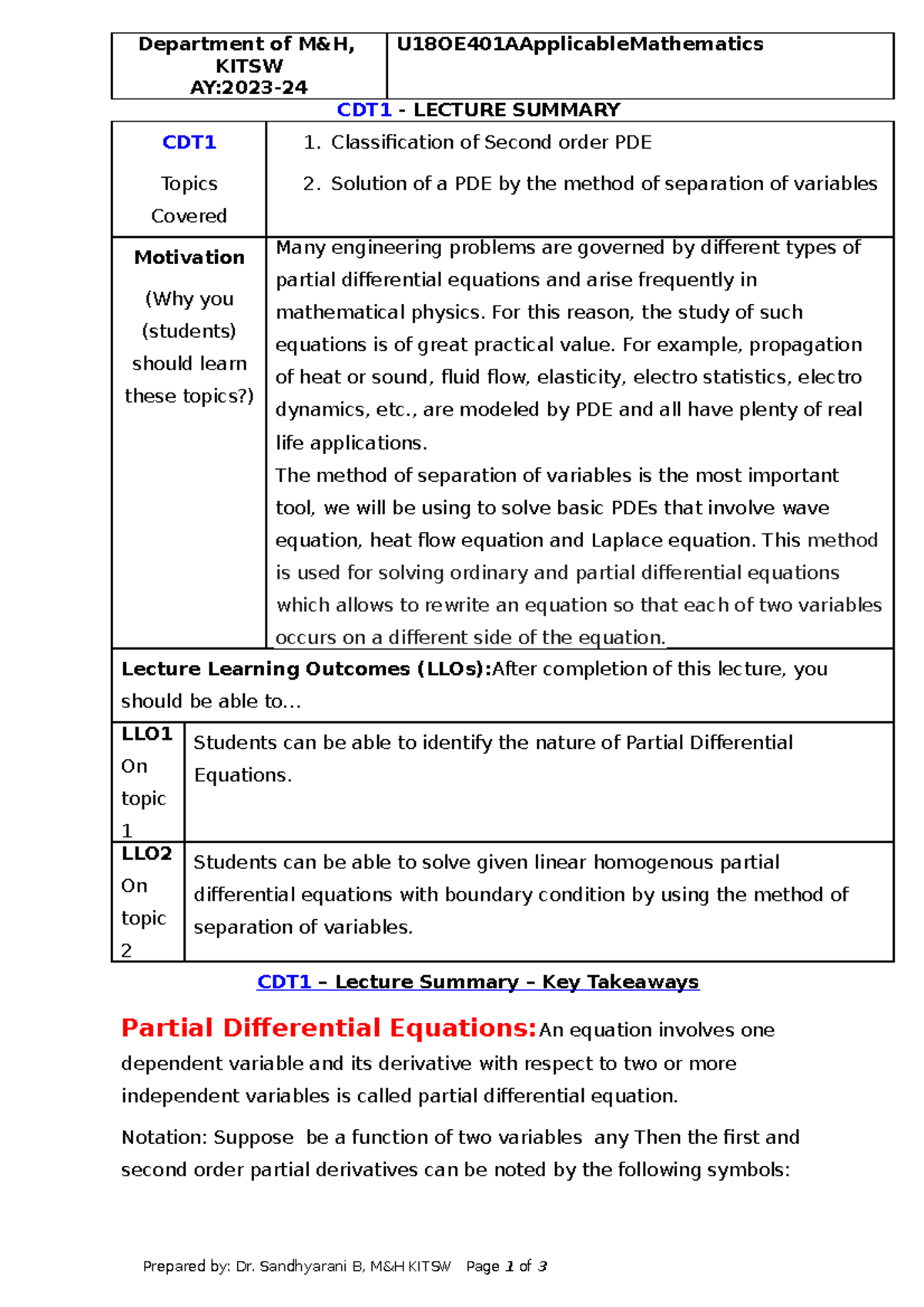 CDT1-Bascis, Classification and solution of PDE - Department of M&H, KITSW AY:2023- - Studocu