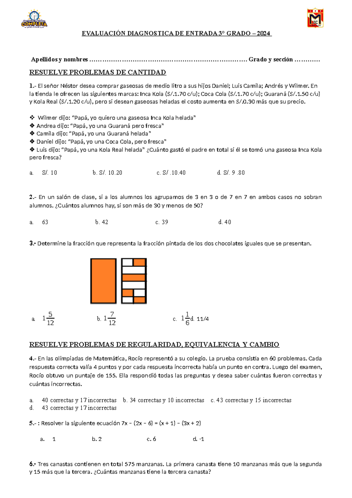 Evaluación Diagnostica DE Entrada 3° Grado- 2024 - EVALUACIÓN DIAGNOSTICA DE ENTRADA 3° GRADO ...