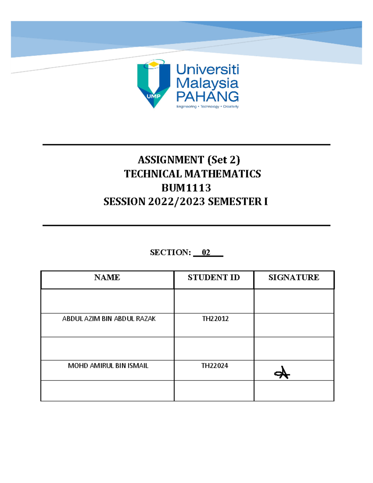 Assignment tech math 4 - ASSIGNMENT (Set 2) TECHNICAL MATHEMATICS BUM ...
