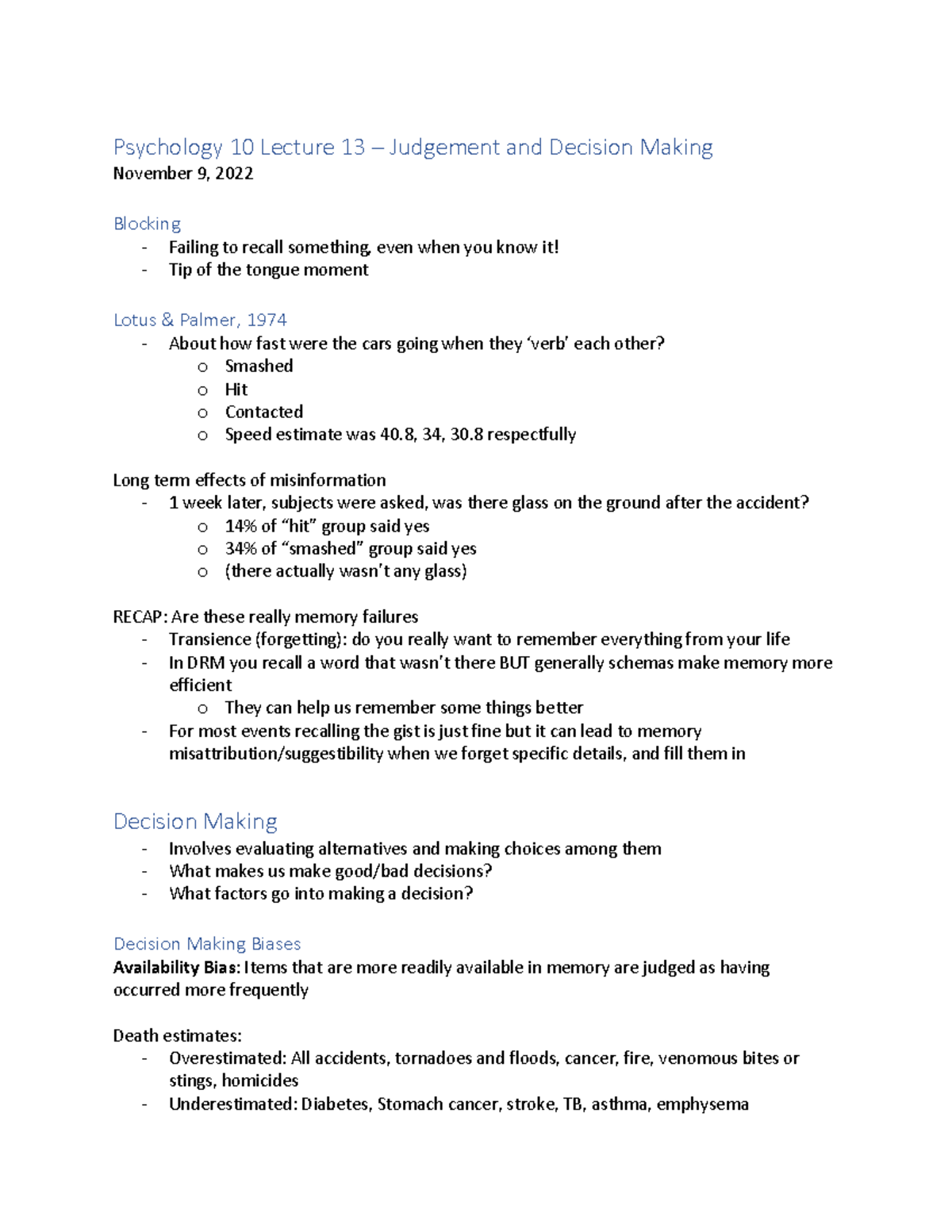 psych 10 lecture 13 - Psychology 10 Lecture 13 – Judgement and Decision ...