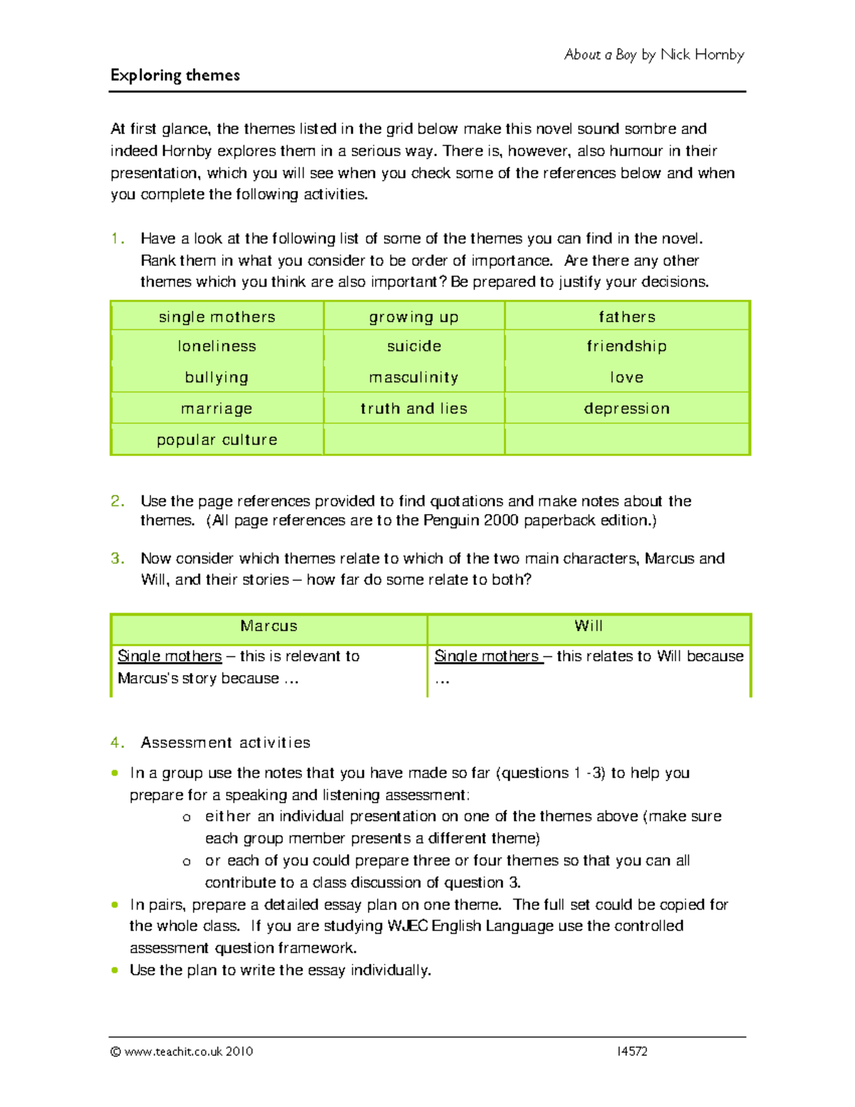 14572-2 - About a Boy by Nick Hornby Exploring themes © teachit.co 2010 ...