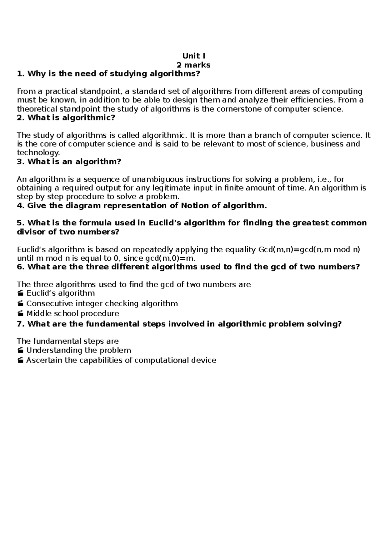 2 mark - Qb for cse - Unit I 2 marks Why is the need of studying algorithms? From a practical ...