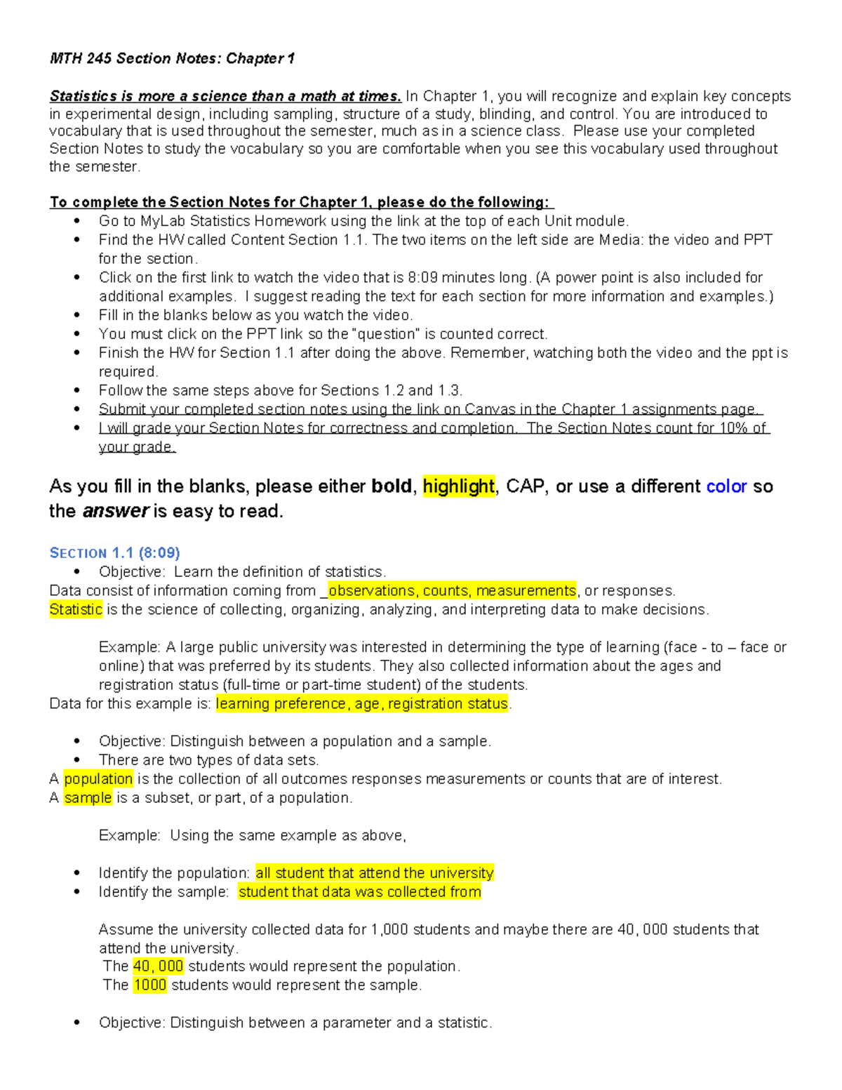 Chapter 1 Section Notes Student PN - MTH 245 Section Notes: Chapter 1 ...