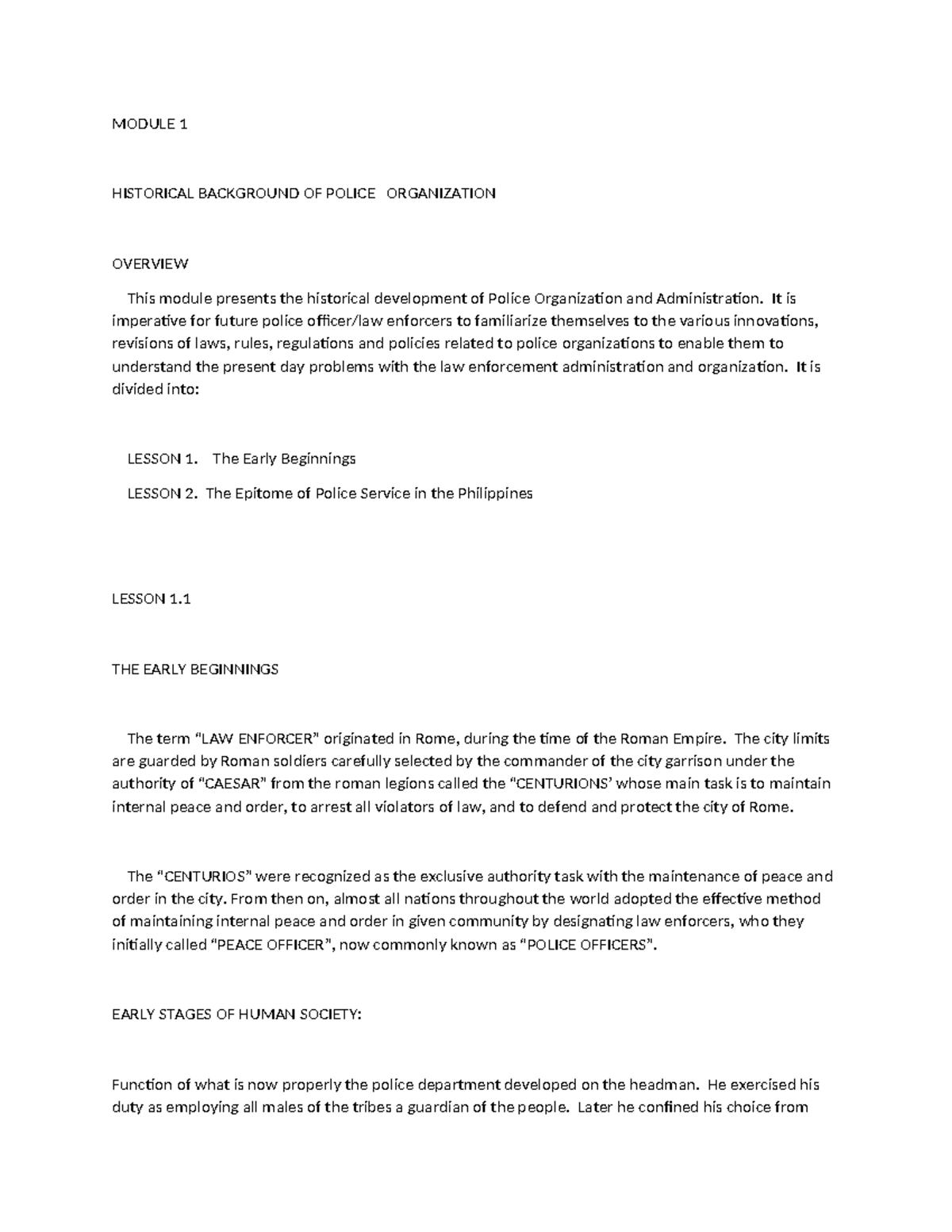 LEA summary, purposive comm - MODULE 1 HISTORICAL BACKGROUND OF POLICE ...