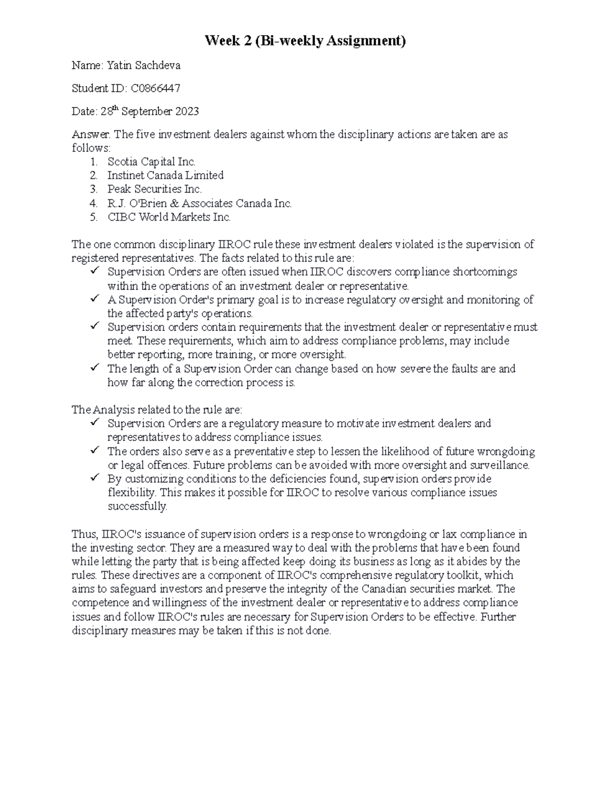 FIN 4203 Week 2 - Yatin Sachdeva - Week 2 (Bi-weekly Assignment) Name ...