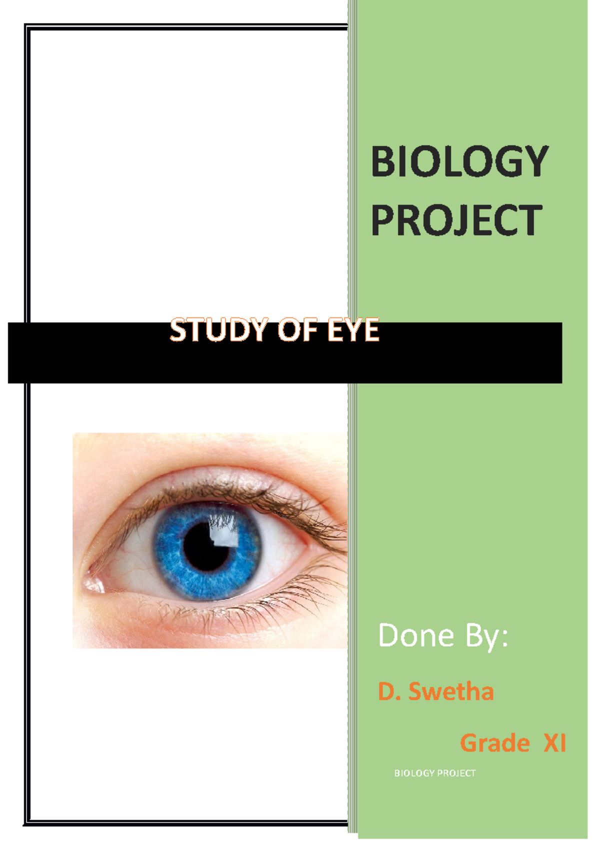 EYE - Swetha - BIOLOGY PROJECT Done By: D. Swetha Grade XI BIOLOGY ...