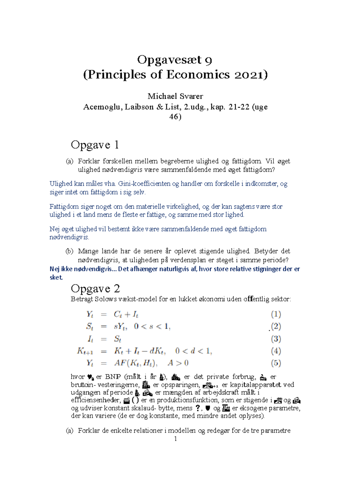 ØP Ugeseddel 9 - Opgavesæt 9 (Principles of Economics 2021) Michael ...
